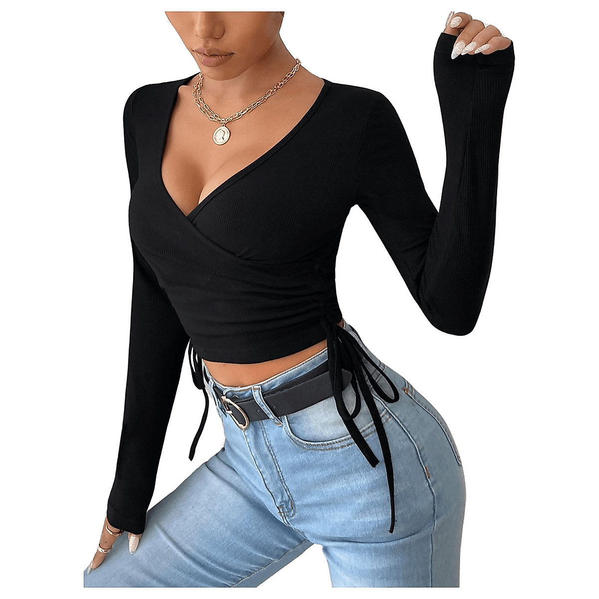 SOLY HUX Long Sleeve Wrap Crop Tops for Women Sexy Ruched V Neck T Shirts Tie Side Fitted Tees Going Out Top Solid Black XS