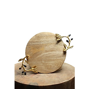 Robalo Acacia Wood Round Serving Tray with Metal Handles, 25cm Width, Brown