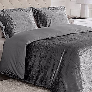Mellanni Velvet King Duvet Cover Set - Fade, Stain, Shrink, and Wrinkle Resistant - King Gray Comforter Cover Set - 8 Ties & Hidden Button Closure - Duvet Cover with 2 Pillow Shams (King, Gray)