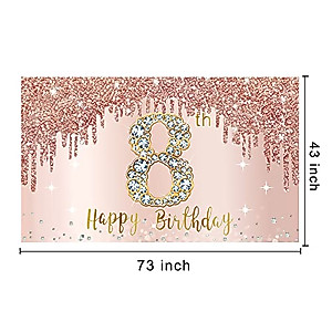 Happy 8th Birthday Banner Backdrop Decorations for Girls, Rose Gold 8 Birthday Party Sign Supplies, Pink Eight Year Old Birthday Poster Background Photo Booth Props Decor