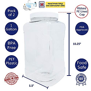 Kelkaa 1 Gallon Clear PET Plastic Square Wide Mouth Jars with Grip Handle and White Ribbed Lined Caps, BPA Free, Multi-Use Containers, Household Dried Food Canisters, Made in the USA (Pack of 2)