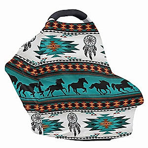 JOAIFO Aztec American Native Horse Print Nursing Cover Blue and White Tribal Baby Stroller Canopy Cover