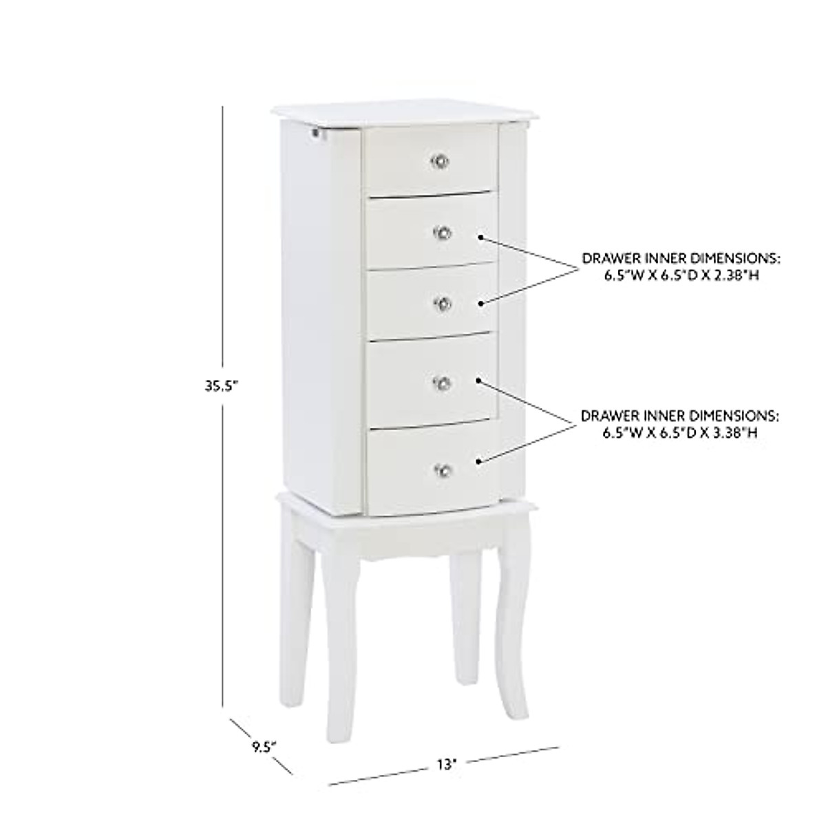 Powell Furniture Jewelry Armoire, White, 13"x 9.375"x 35.5"