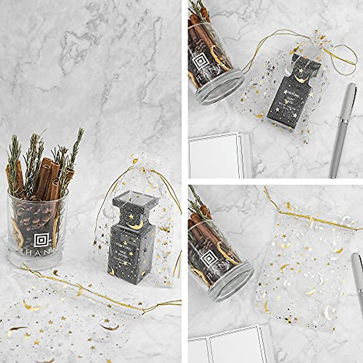 souG Organza Gifts Bags, 5x7 100Pcs Sheer Organza Drawstring Pouches Stars and Moon Wedding Party Favor Jewelry Candy Gift Bags (White and Black).