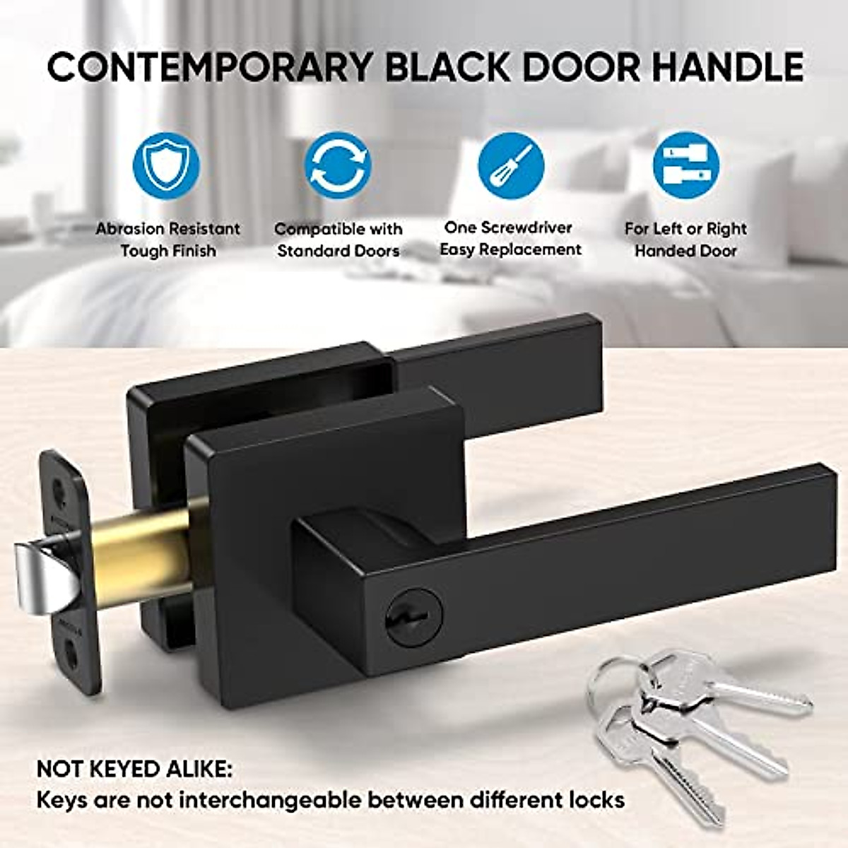 TICONN Door Handle Heavy Duty, Reversible Square Door Lever for Bedroom, Bathroom and Rooms (Black, Keyed Entry - Not Keyed Alike)