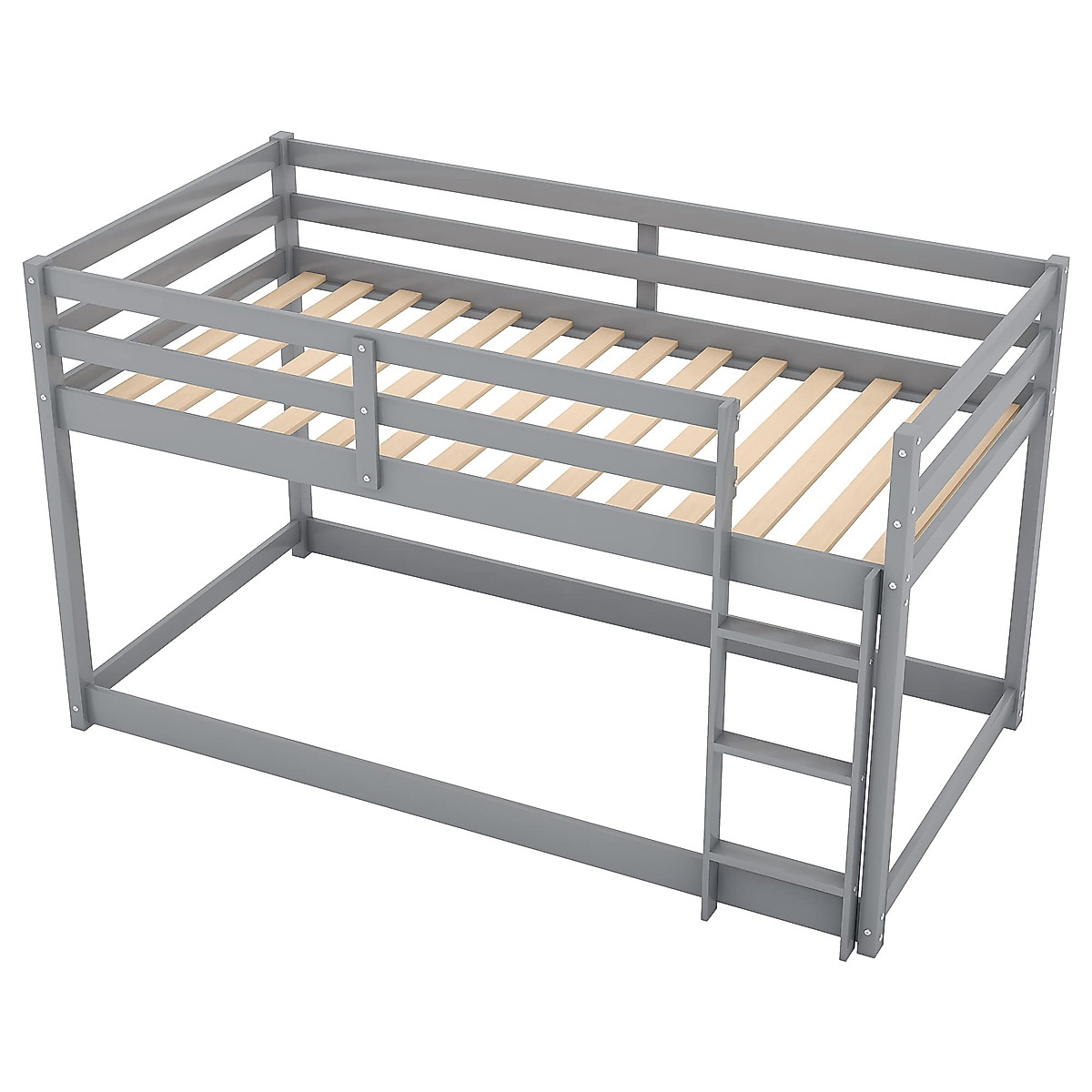 MWrouqfur Twin Over Twin Bunk Bed with Ladder & Safety Guardrails,Solid Pinewood Bedframe,Low Floor BunkBed for Boys and Girls Bedroom,Space Saving,No Box Spring Needed (Gray)