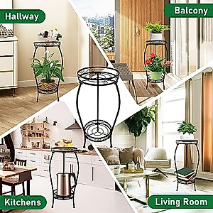 2 Pack Plant Stand Indoor Outdoor, 2 Tier Tall Black Metal Rustproof Stable Plant Stands, Multiple Plant Sturdy Rack Holder Rack Flower Pot Stand Heavy Duty Plant Round Shelf.