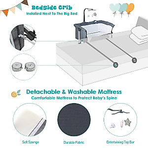 BABY JOY Baby Bassinet, Height Adjustable Portable Bassinet Crib w/Music Box, Toy Rack, Mattress, Breathable Mesh & Travel Bag, Easy Folding Bassinet Bedside Sleeper for Newborn Infant (Dark Grey)