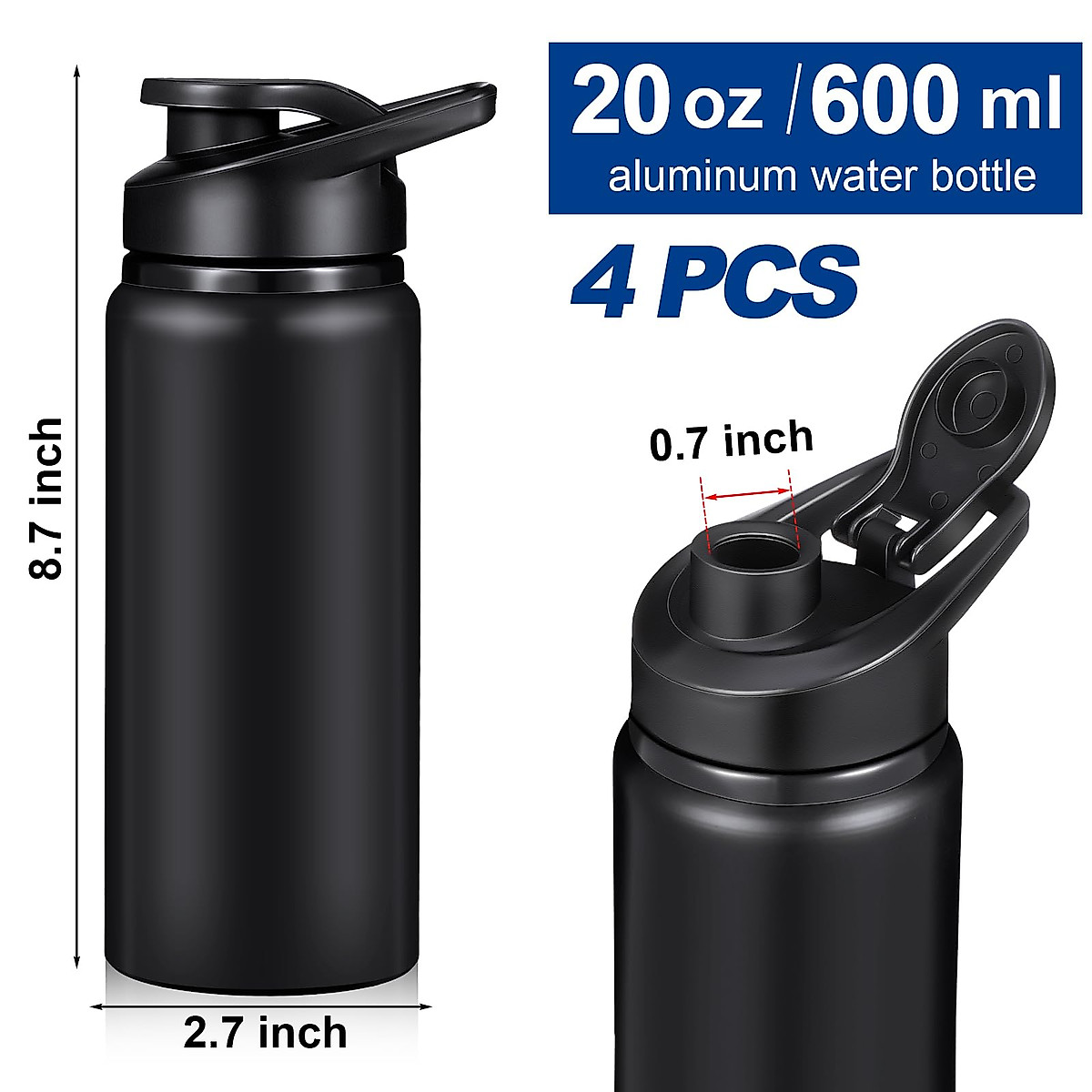 CHENGU 10 Pieces Water Bottle Bulk 20 oz Aluminum Reusable Bottles Lightweight Snap Lid Water Cups Easy Carry Leak Proof Travel Tumbler for Gym Sports Camping Hiking Fishing (Black)