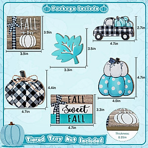 Guoofu Blue Fall Tiered Tray Decor, Pumpkin Farmhouse Tray Decorations, Buffalo Plaid Pumpkin Trucks Maple Leaf Book Stack Wooden Signs, Autumn Thanksgiving Home Decor for Mantel Tabletop Shelf