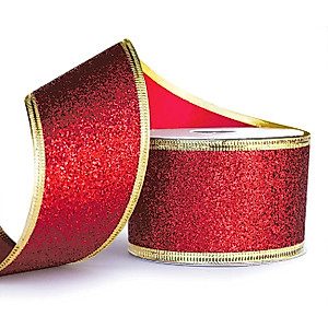 Christmas Ribbon Glitter Wired Christmas Ribbons Red Green Wire Edged 2 inch Wide x 6 Yds for Gift Wrapping Bows Christmas Tree Ribbon Garland Wrap Around Ribbon for Xmas Trees Gifts Crafts Presents