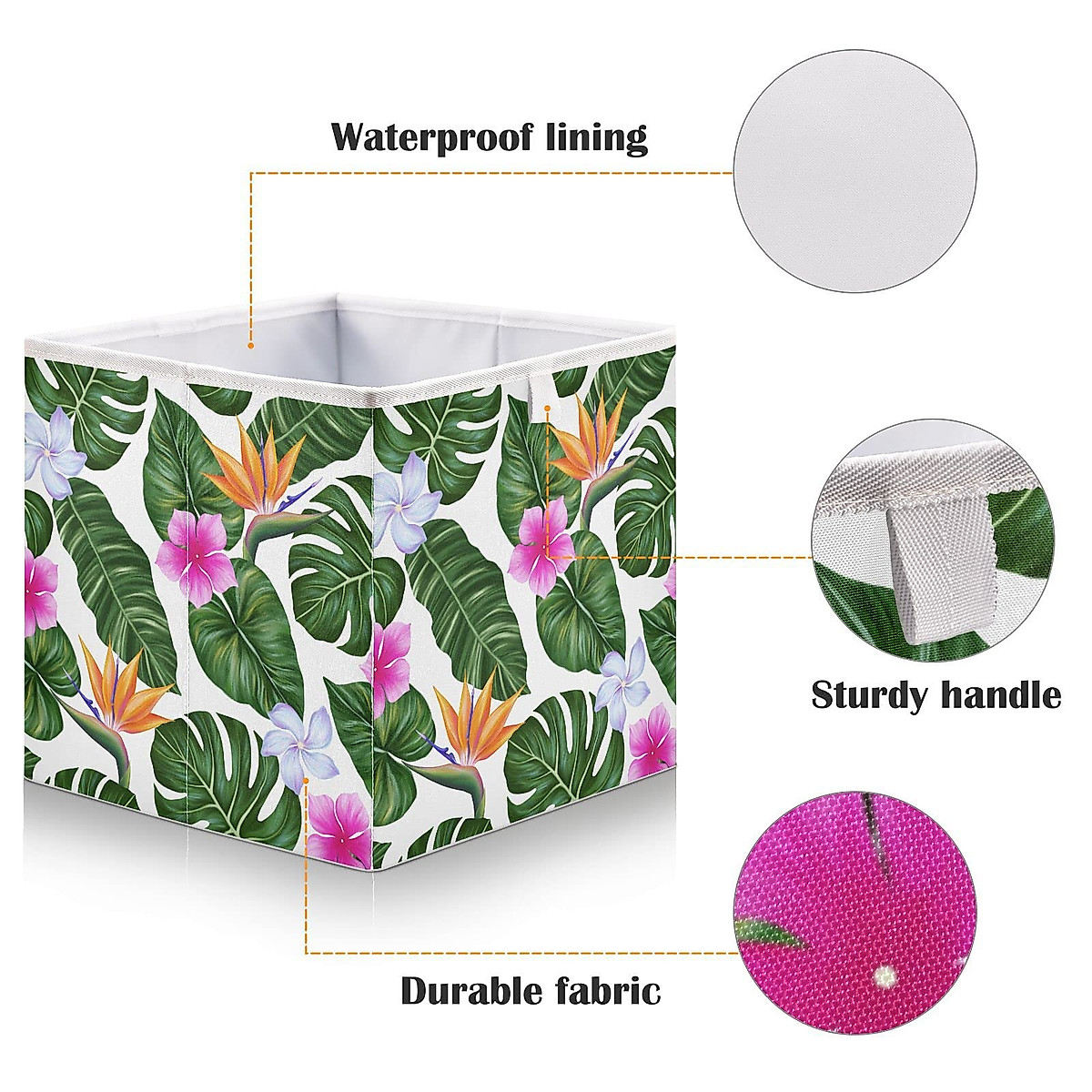 Burbuja Hawaiian Floral Palm Leaf Storage Cubes Fabric Storage Bins Foldable Closet Organizer Basket with Handle, 15.7x10.6x6.7 Inch