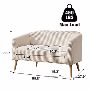Sinzho & Wiyfun 50.8" W Upholstered Small Loveseat Sofa 2-Seat Couch Settee Love Seat with Solid Wooden Legs for Small Space Mini Room, Corduroy Fabric, Ivory