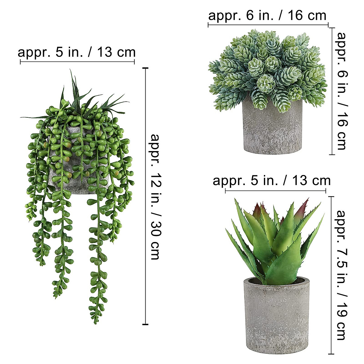 Winlyn Set of 3 Mini Potted Succulents Artificial String of Pearls Aloe Hops Succulent Plants in Gray Pots for Gifts Table Shelves Windowsill Office Desk Indoor Greenery Decorations Wedding Favors