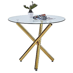 ROOIOME Round Glass Dining Table for Kitchen Dining, Modern Compact Round Glass Kitchen Table for Resturant, Bar Room and Small Space, with Tempered Glass Topand Gold Legs