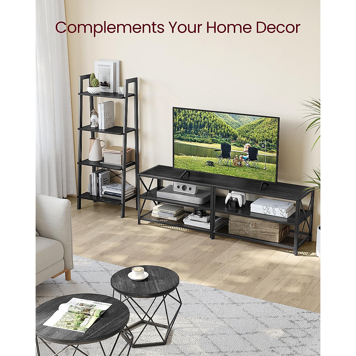 VASAGLE TV Stand, TV Console for TVs Up to 70 Inches, TV Table, 63 Inches Width, TV Cabinet with Storage Shelves, Steel Frame, for Living Room, Bedroom, Black with Wood Grain ULTV095B22