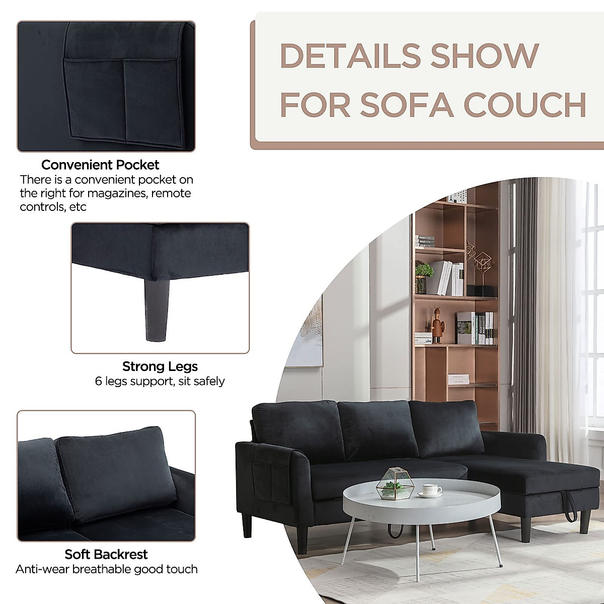 Akrenar Reversible Sectional Sofa with Storage, Modern Velvet Fabric Sleeper Sofa L-Shaped Couch, Sectional Couches for Living Room, Bedroom, Apartment,Office(Black)