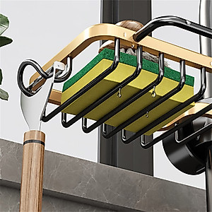 Swovo Dish Sponge Holder, Aluminum Dish Towel Organizer with Dish Towels Drying Rack and Hooks for 0.7"-1.1" Diameter Kitchen Sink Faucets (Black+Gold)