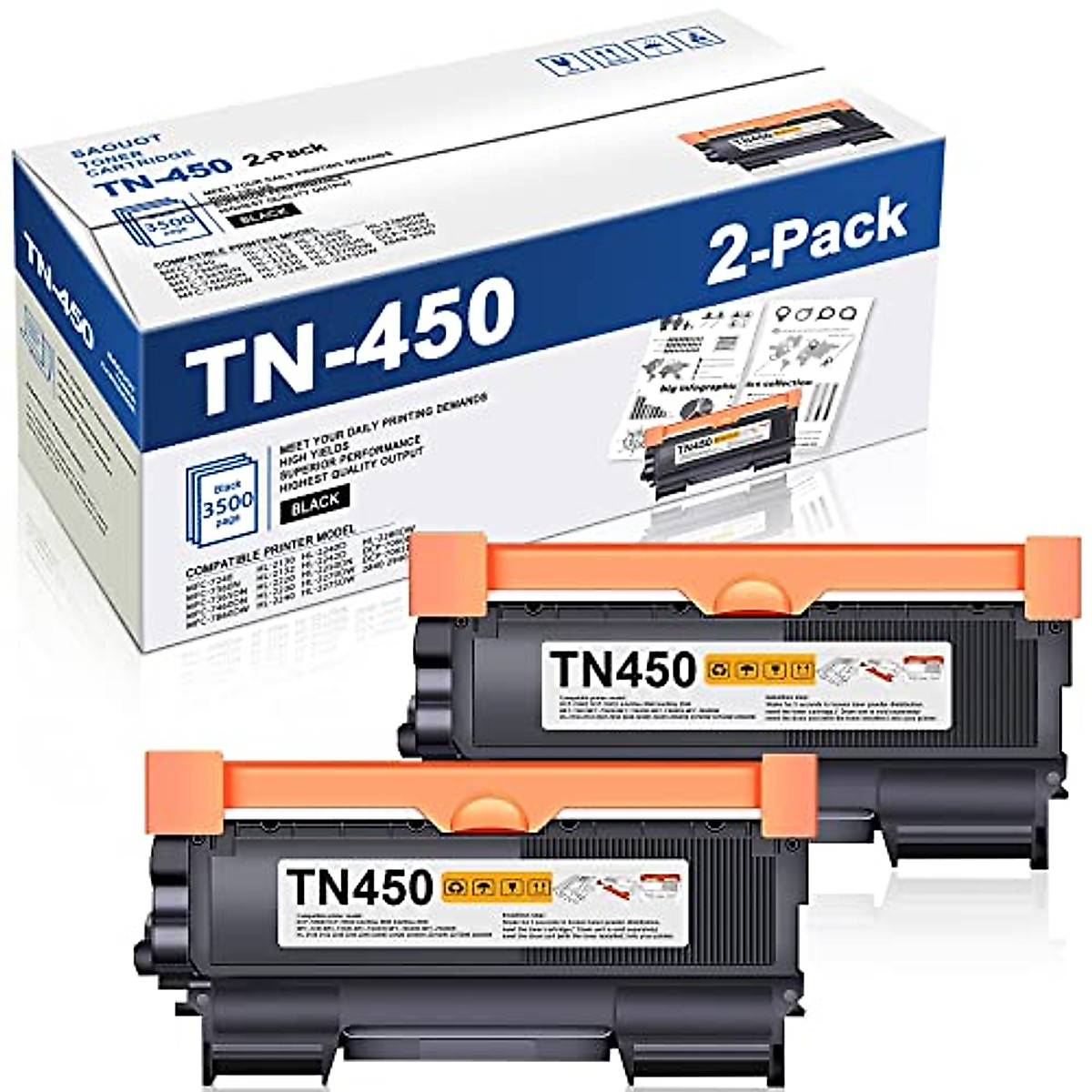 TN-450 TN450 Toner Cartridge Black High Yield Compatible Replacement for Brother TN450 TN420 HL-2240d HL-2270dw HL-2280dw MFC-7360n MFC-7860dw IntelliFax 2840 2940 Printer, TN4502PK Toner