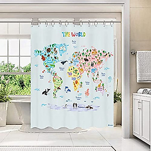 BASHOM BSC-615 Animal World Map Shower Curtain Set for Kids Waterproof Washable Decorative Bathroom 71''x71'' (180x180cm) Polyester Fabric with 12 Hooks Colourful Educational Country Liner Tapestry
