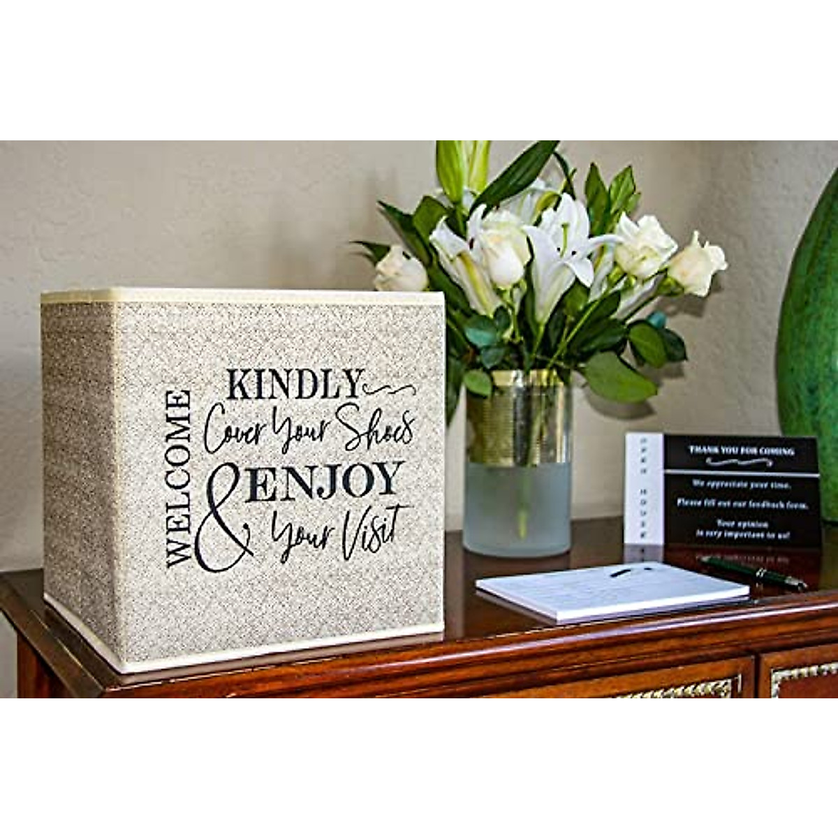 Shoe Covers Box - Welcomes Guests to Please Cover Shoes. Indoor Foldable Storage Bin to Fill w/your Favorite Booties. For Homeowner, Real Estate Agent, Realtor Open House Supplies | 1 Beige & Black