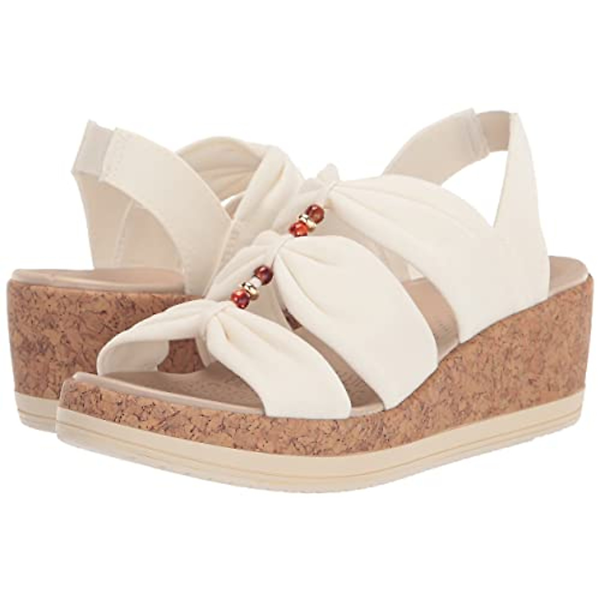 BZees Womens Roma Cork Wedge Beaded Sandal White Denim 10 W