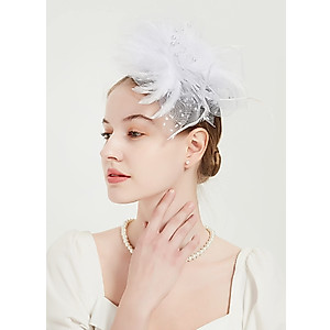 Fascinators for Women Tea Party Headband Kentucky Derby Hats Cocktail Flower Mesh Feathers Headwear Hair Clip for Wedding White