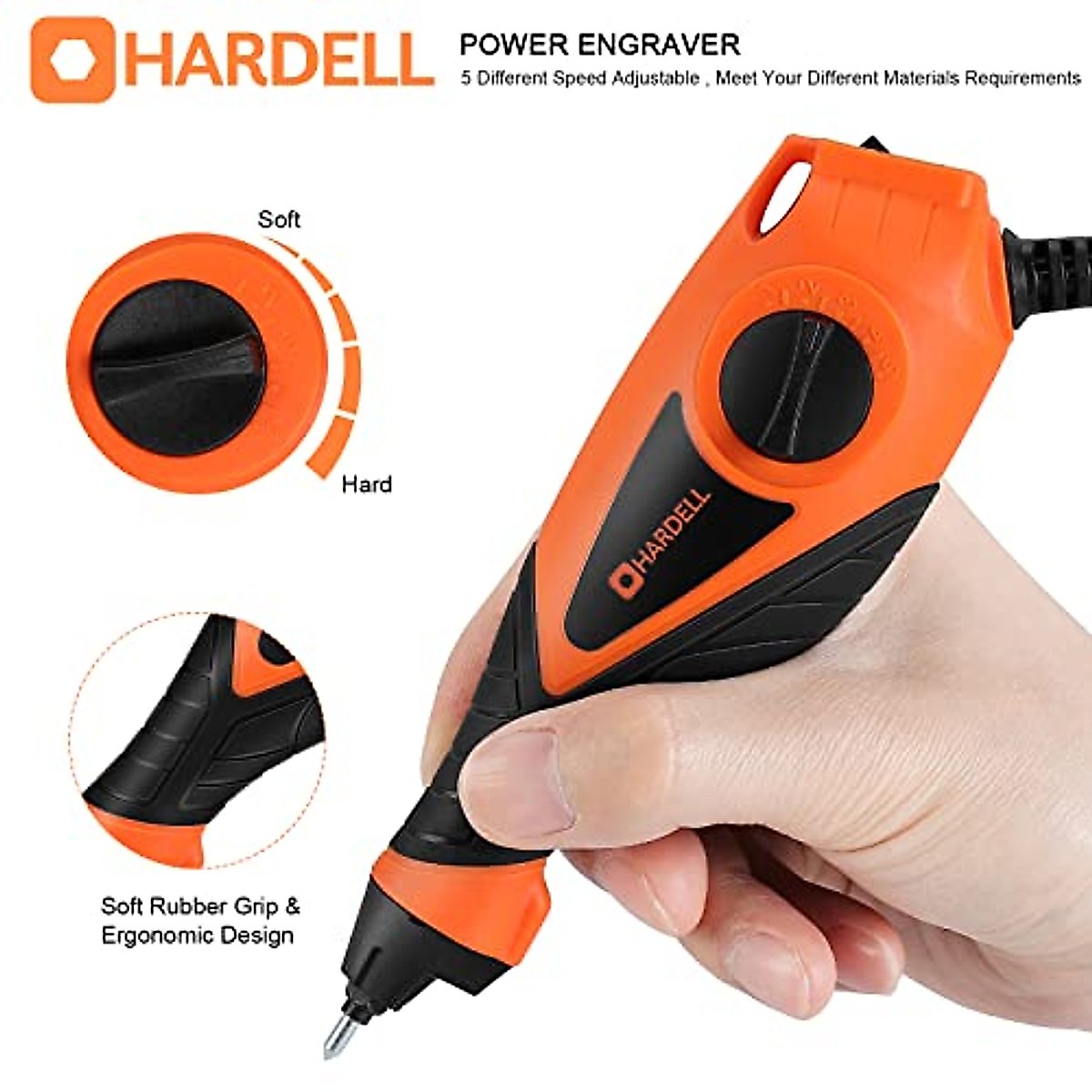 HARDELL Engraver,5 Speed Etching Power Tool Equipped with Soft Rubber Handle and Tungsten Carbide Steel Bits,Mini Multi-Function Engraver for Tile,Metal,Stone,Wood,Leather,Glass,PVC Pipe,DIY Crafts