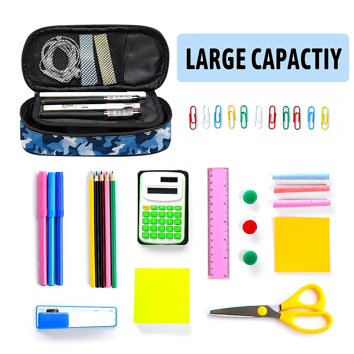 Scovotec Camo Pencil Case, Large Capacity Pen Pencil Case for Boys Girls Teen, Kids 3 Compartments Multifunction Pencil Box with Zipper Organizer, Pencil Pouch for School Students