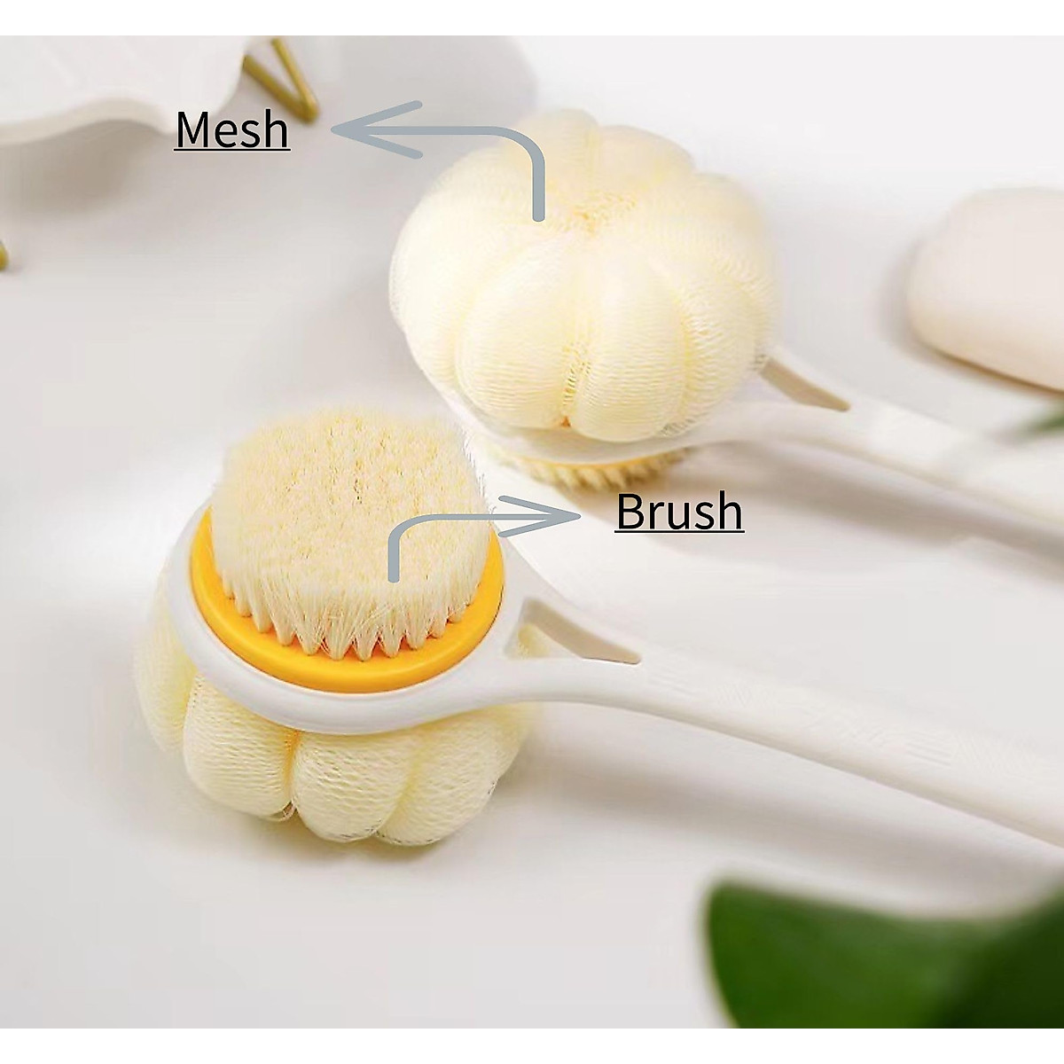 Back Scrubber for Shower, Body Scrubber with Soft Bristles and Loofah, Long Handle Bath Brush Skin Exfoliator Wet or Dry Body Brush, Shower Back Brush for Men Women, Anti Slip Handle, Dual-Sided