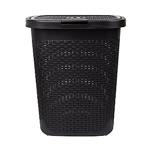 Mind Reader 50L Slim Laundry Hamper, Set of 2, Clothes Basket, Lid, Wicker Design, Plastic, 17.65"L x 13.75"W x 21"H, Black