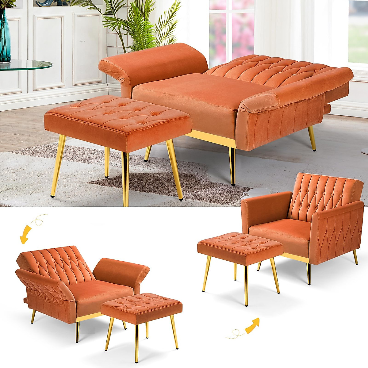 ACMEASE Velvet Accent Chair w/Adjustable Armrests and Backrest, Button Tufted Lounge Chair, Single Recliner Armchair with Ottoman and Pillow for Living Room, Bedroom,Orange