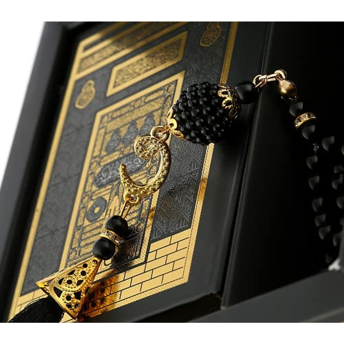 Prien Muslim Gifts for Eid, Gilt Covered Gift Box, Silvered Quran Gifts for Ramadan Mosque, Pearl Prayer Beads, Islamic Presents Women, Portable Boxes, Mawlid Gift Set for Birthday, Wedding, Umrah, Special Day (Black)