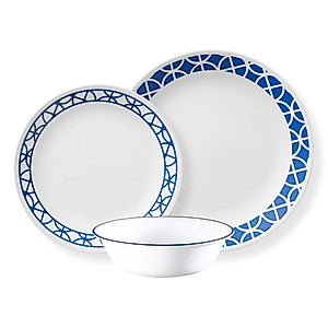Corelle Vitrelle 12-Piece Glass Dinnerware Set Service for 4, 10.25" Dinner Plates, 8.5" Salad Plates, 18-Oz Soup Cereal Bowls, Cobalt Circles