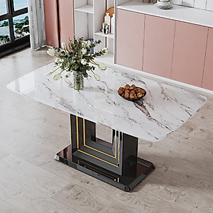 63" Modern MDF Dining Table for 6-8, Large Rectangular Dining Room Table with U-Shaped Bracket and MDF Base, Minimalist Kitchen Table for Restaurant, Meeting Room, Marble-Inspired MDF Desktop(White)