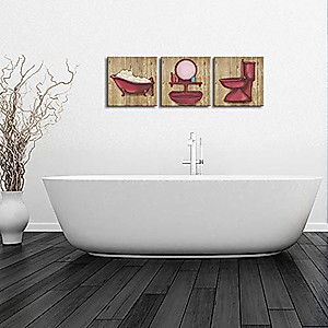 LoveHouse Bathroom Canvas Wall Art Prints Rustic Bath Sets Red Wall Decor Still Life Picture Poster Print On Canvas for Home Shower Room Decoration Stretched Framed Ready to Hang 12x12inchx3panel