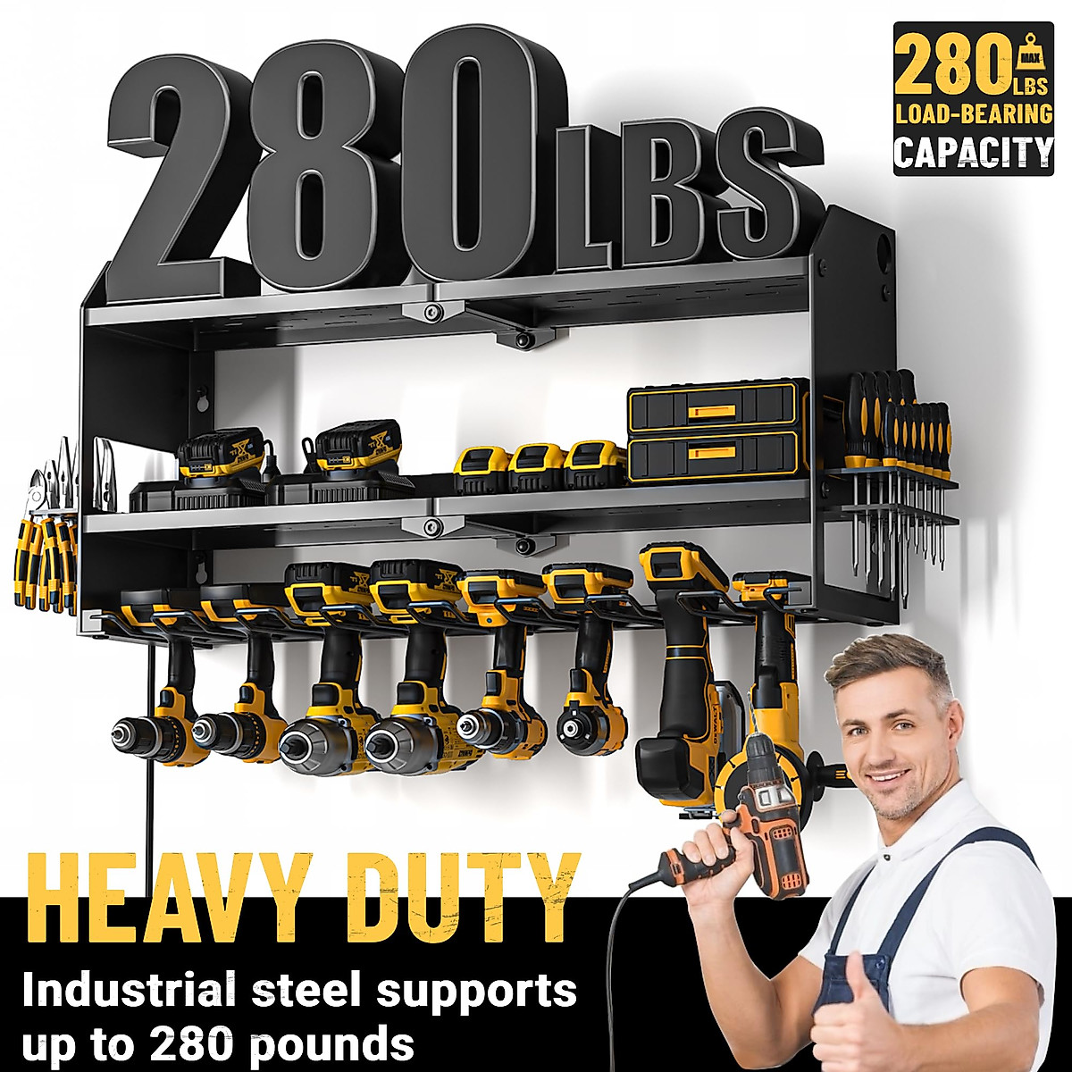 YYR Power Tool Organizer with Charging Station Wall Mount, Cordless Drill and Battery Holder for Garage Organization, Electric Tools Storage Rack Build in Surge Protection Power Strip - Black Shelf