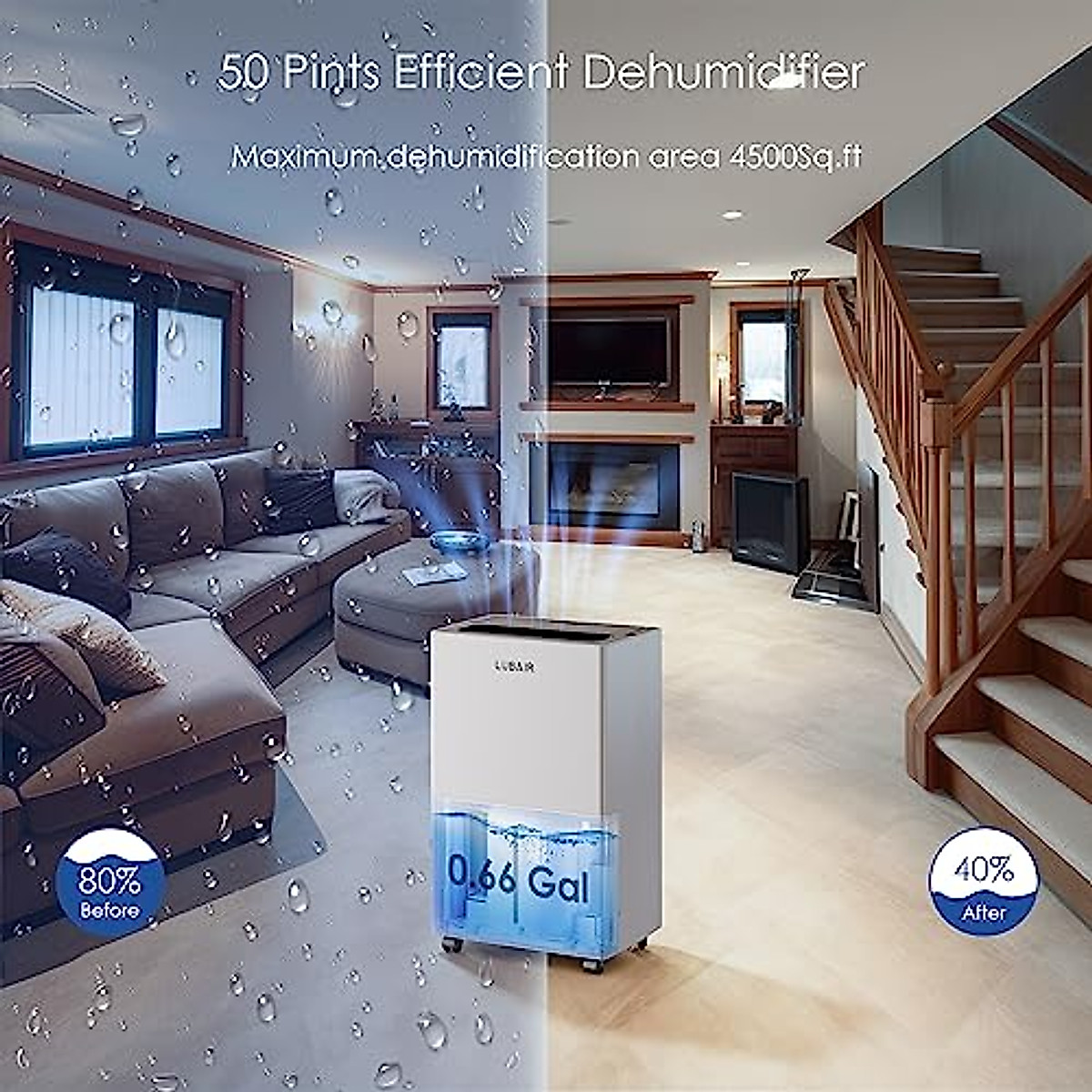 LUBAIR 4500 Sq.ft 50 Pint Dehumidifiers for Basements and Home, Large Room Basements with Automatic Drain or Manual Drainage,Intelligent Humidity Control, Laundry Dry, Auto Defrost, 24H Timer, Child Lock for Office, Living Room.