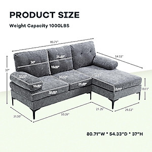 80 Inch Sectional Sofa, Modern Comfy Chenille L Shape Sofa with Chaise Lounge 3 Seat Sleep Sofa with Fluffy Armrests Deep Seat Sofa for Living Room Small Space Apartment(Grey)