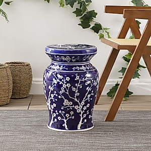 JONATHAN Y TBL1017A Cherry Blossom 17.7" Ceramic Garden Stool, Coastal, Contemporary, Transitional, Side Table, Plant Stand, Spill-Proof, Living Room, Garden Room, Patio, Navy/White