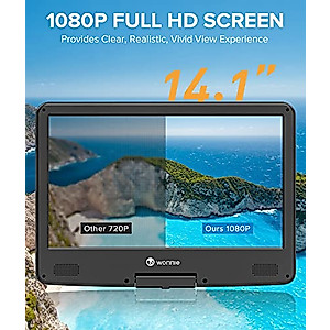 WONNIE 16.9" Portable Blu-Ray DVD Player with 14.1" 1080P Full HD Large Screen, Dolby Audio, 4 Hrs Rechargeable Battery, Support HDMI Out, AV in, USB/SD Card, Last Memory