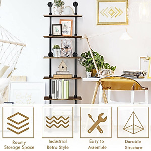 Liviza 6-Tier Pipe Wall Mounted Shelf, Rustic Vintage Industrial Bookcase, Wood Storage Bookshelf for Living Room, Apartment, Small Space