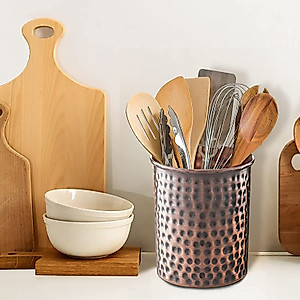 Monarch Abode Kitchen Utensil Holder, Hand Hammered Caddy, Kitchen Organization for Utensils, Crock for Cooking Utensils, Antique Copper Finish, Large, 19677