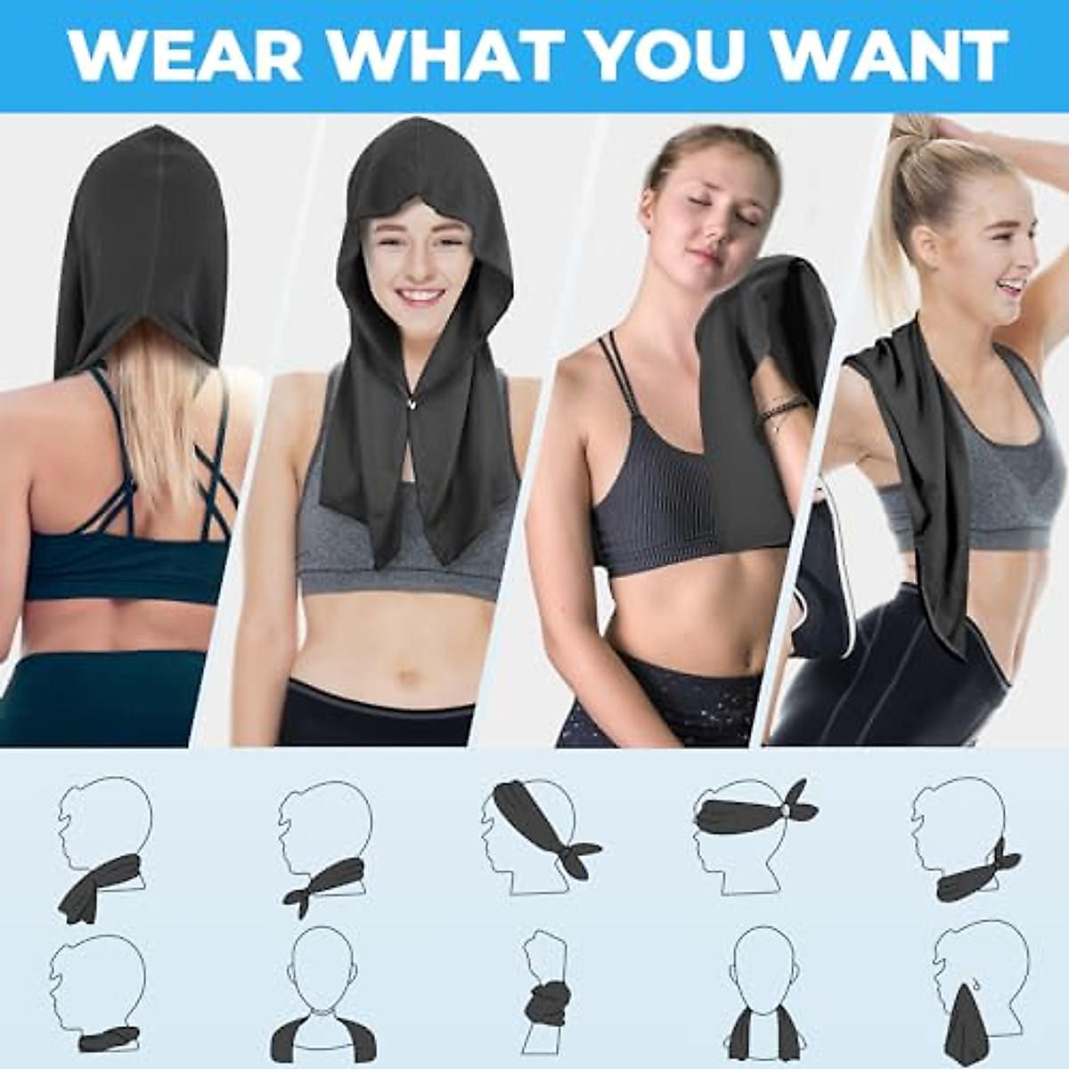 U-pick Cooling Towels Hoodie Towel for Neck and Face, UV Sun Protection Breathable Soft Instant Cool, Quick Dry Sweat Towel for Gym, Golf, Running, Beach, Camping & More (25"x12")