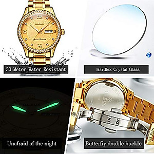 OLEVS Luxury Diamond Gold Watches for Men Big Face Dial Luminous Day Date Calendar,Male Business Casual Dress Stainless Steel Quartz Analog Wrist Watch Waterproof 3ATM Gifts Golden