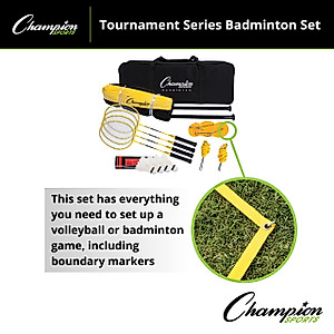 Champion Sports Outdoor Badminton Set: Net, Poles, 4 Rackets, 4 Shuttlecocks & Bag - Portable Equipment for Backyard Games, Team Sports, Adults & Kids