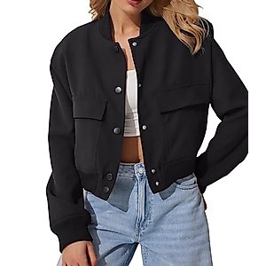 hathne Women's Cropped Bomber Jacket Button Up Casual Streetwear Bomber Jacket Coat with Pocket(L black)