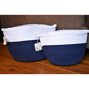 StorageWorks 100% Natural Cotton Rope Hand-Woven Basket- Two Color Design- White & Navy Blue- 2 Pack