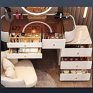 OLOTU Nordic Vanity Desk with Glass Tabletop, Makeup Vanity with Ergonomic Chair, Dressing Table with Lights Mirror and Drawers