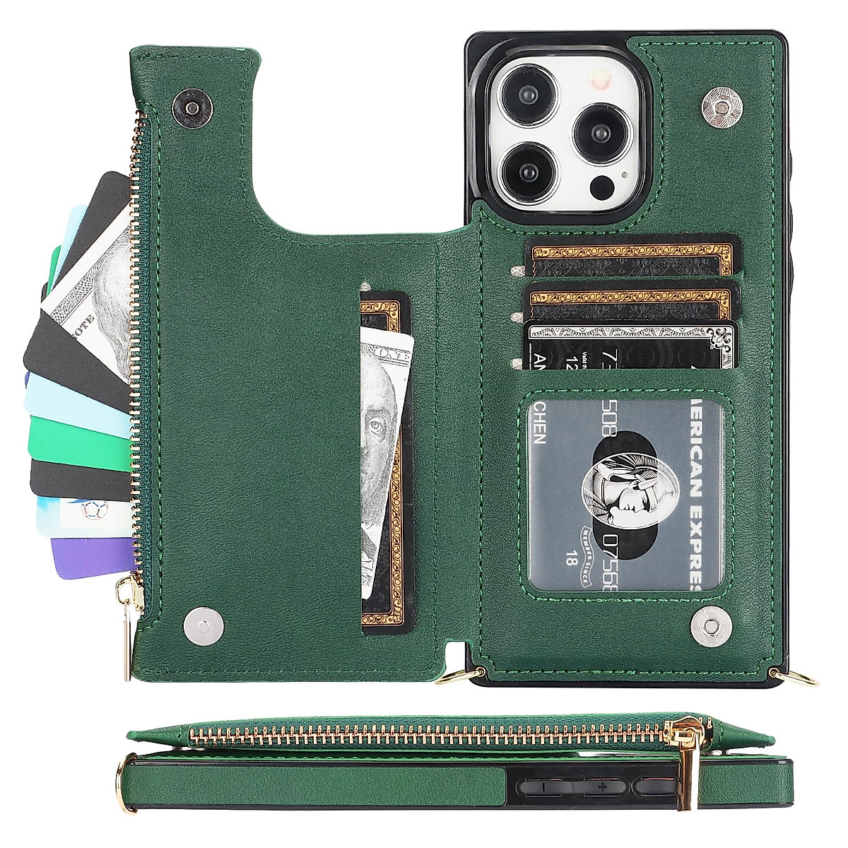 Bocasal Crossbody Wallet Case for iPhone 15 Pro Max with RFID Blocking Card Slot Holder, Magnetic Flip Folio Purse Case, PU Leather Zipper Handbag with Detachable Lanyard Strap 6.7 Inch 5G (Green)